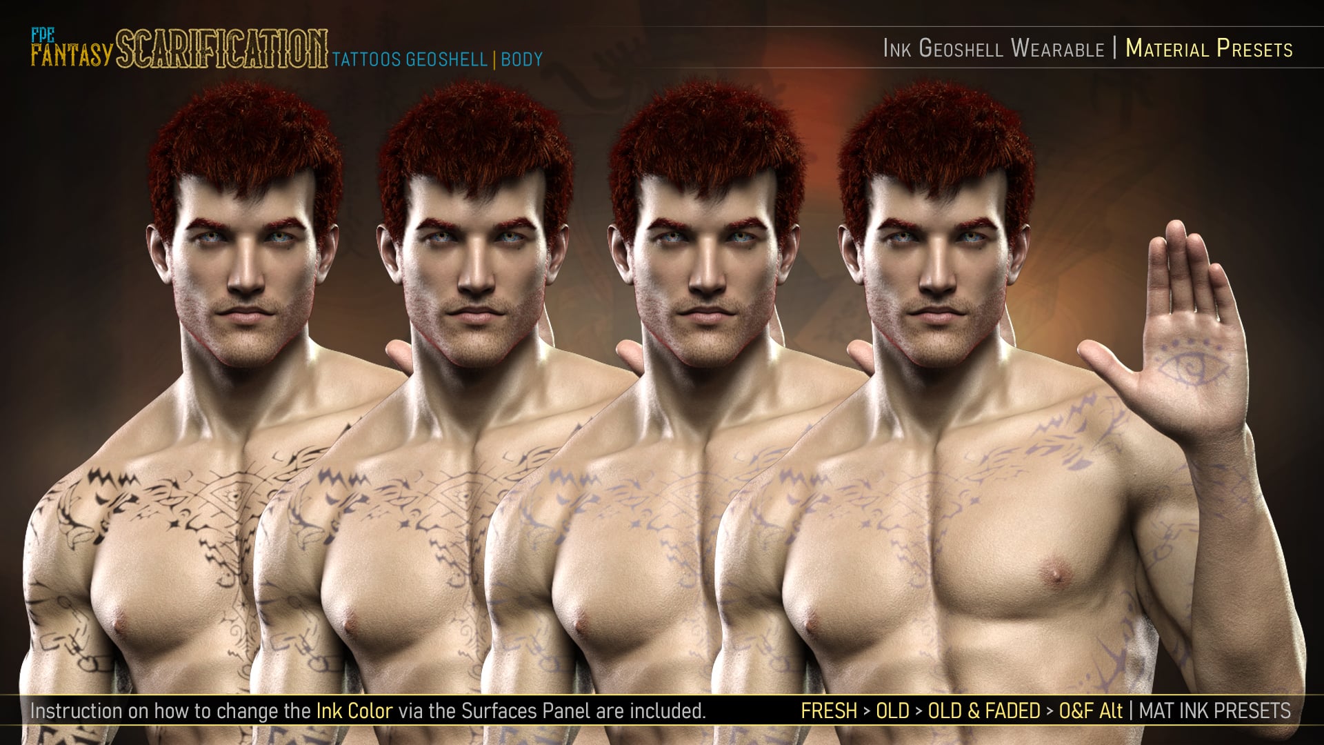 FPE Fantasy Scarification Body Tattoos Geoshell for Genesis 9 | Daz 3D
