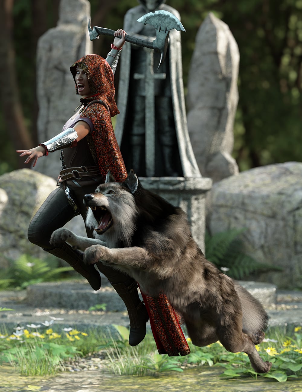 Red Hood Poses for Genesis 9 Feminine and Daz Dire Wolf | Daz 3D