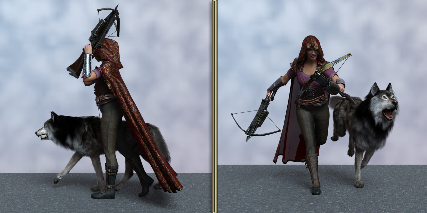 Red Hood Poses for Genesis 9 Feminine and Daz Dire Wolf | Daz 3D