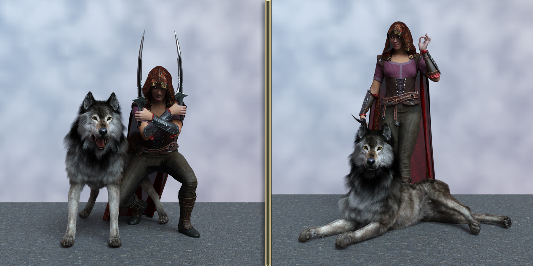 Red Hood Poses for Genesis 9 Feminine and Daz Dire Wolf | Daz 3D