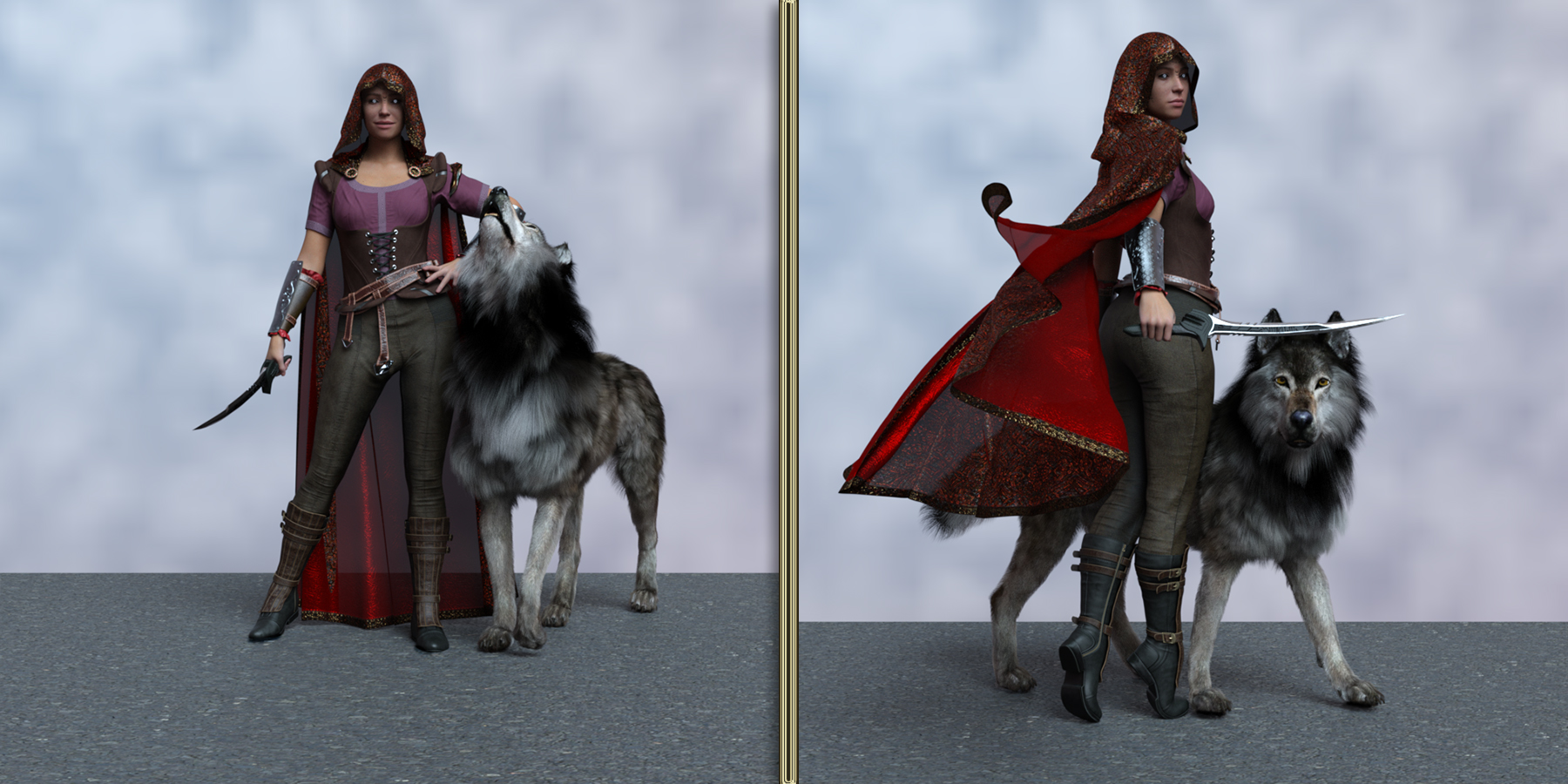 Red Hood Poses for Genesis 9 Feminine and Daz Dire Wolf | Daz 3D